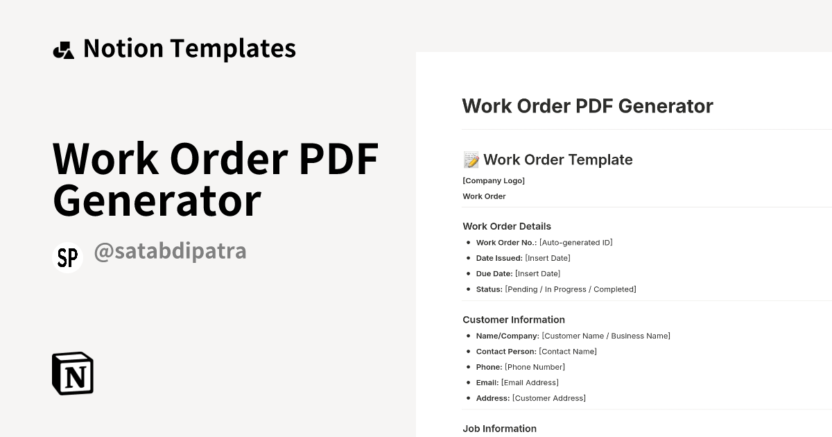 Work Order Pdf Generator Template By Satabdi Patra Notion Marketplace