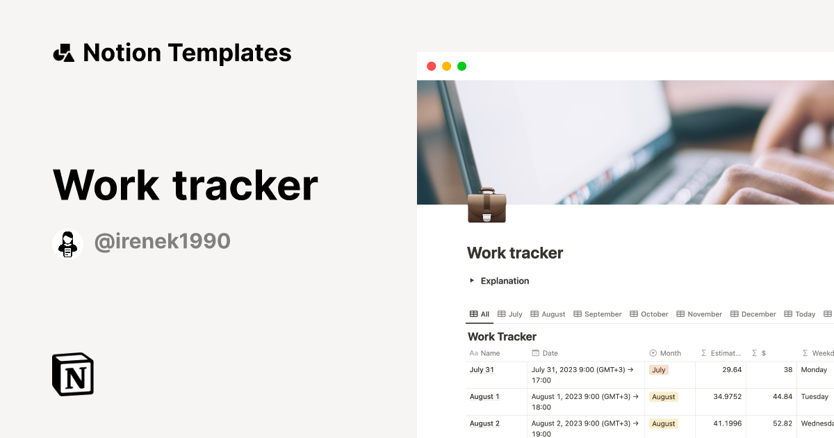 Work tracker Template by Irenek1990 | Notion Marketplace