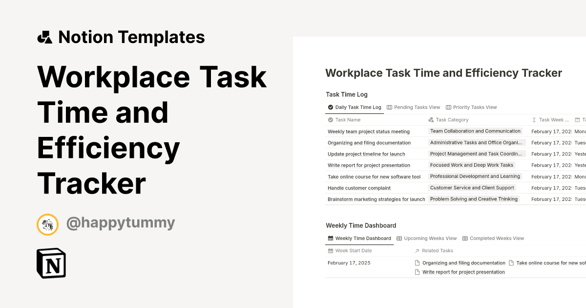 Workplace Task Time and Efficiency Tracker Template by happytummy | Notion Marketplace