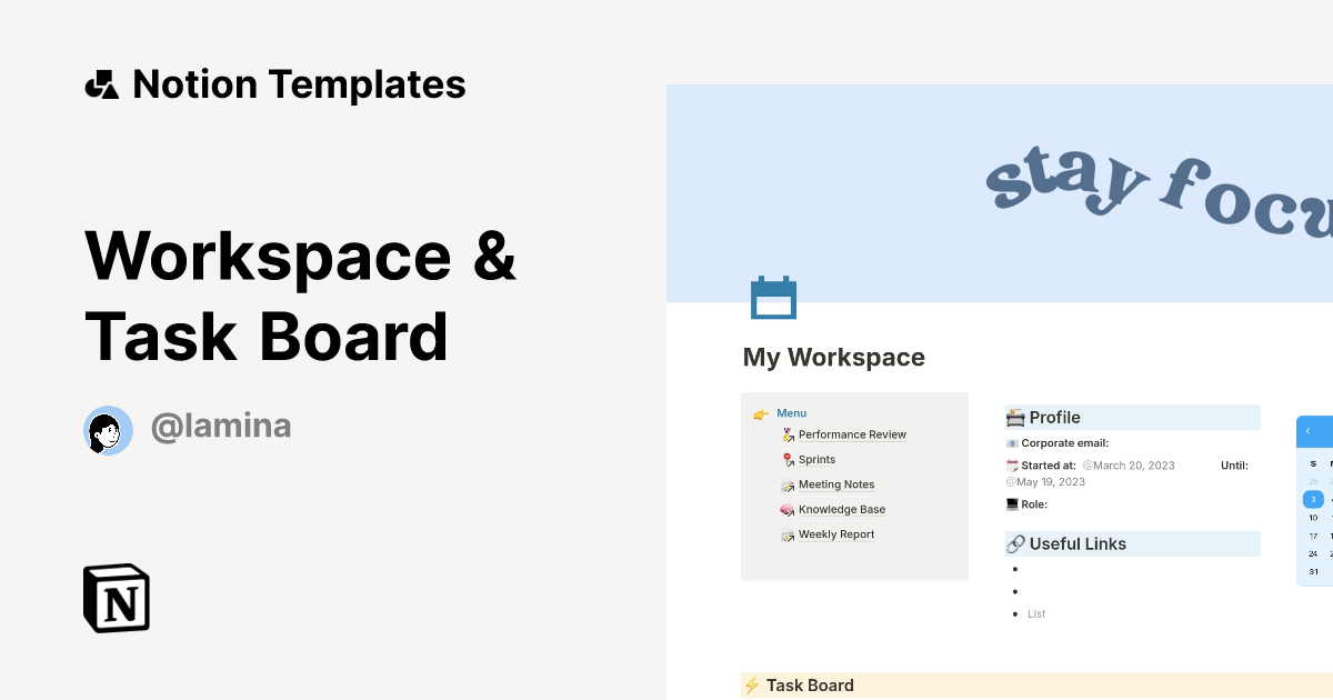 Workspace & Task Board Template by Lamina | Notion Marketplace