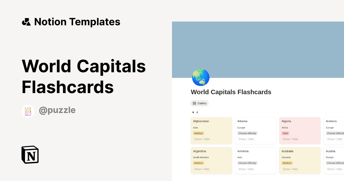 World Capitals Flashcards Template | Notion Marketplace