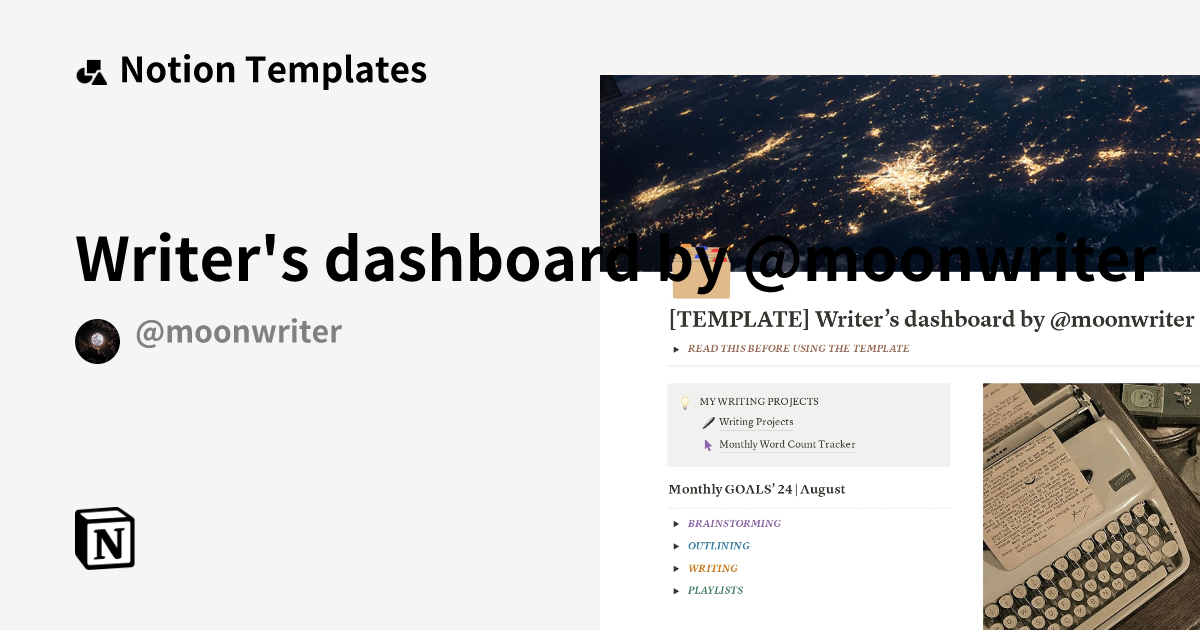 Writer's dashboard by @moonwriter Template | Notion Marketplace