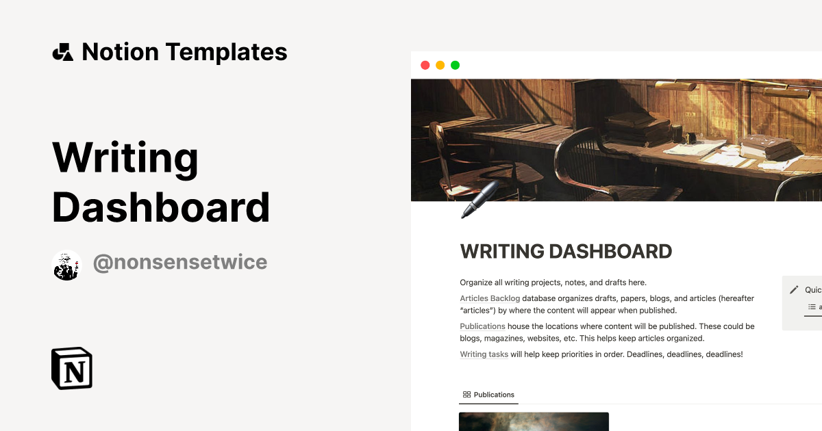 Writing Dashboard Template by nonsensetwice | Notion Marketplace