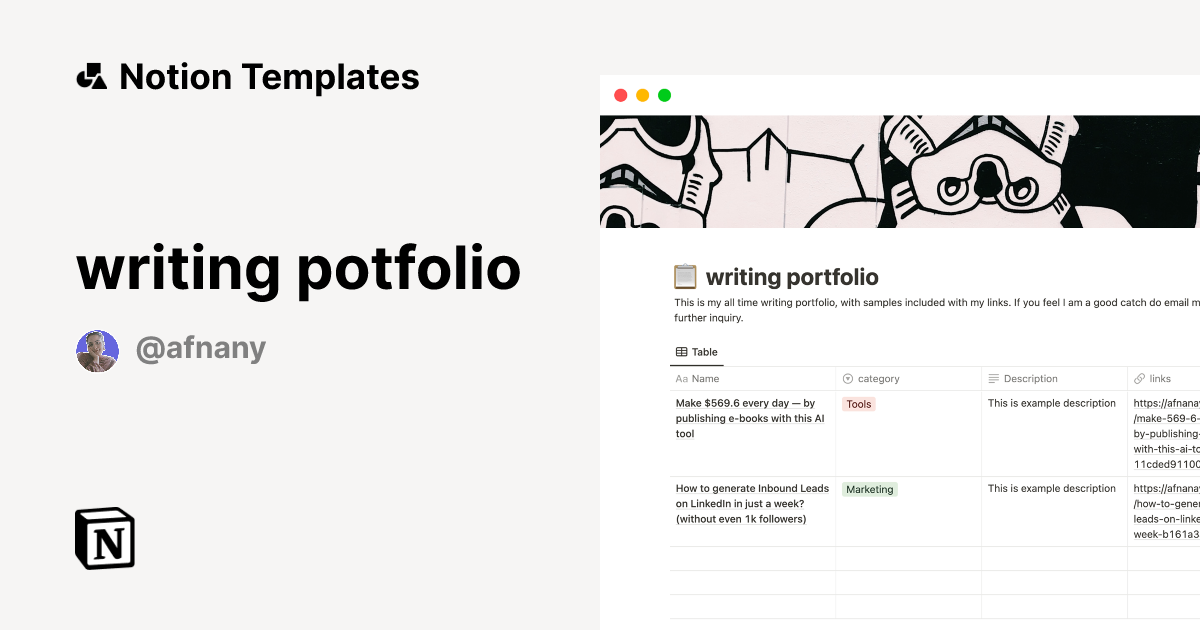 writing potfolio Template by Afnan Jalil | Notion Marketplace