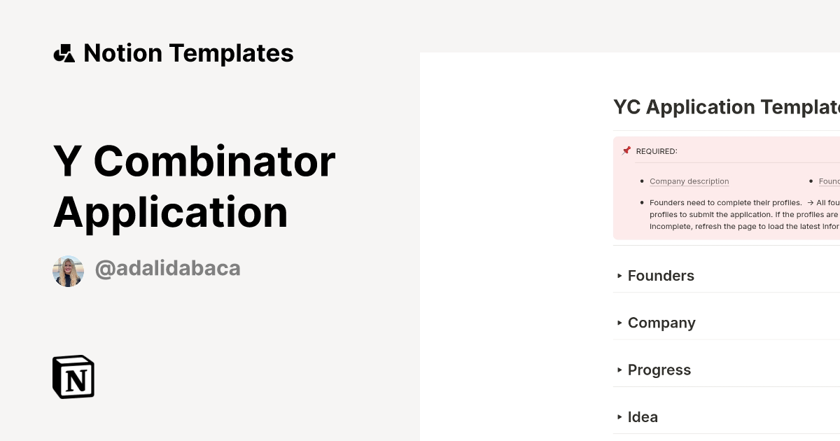 Y Combinator Application Template by Adalida.Design | Notion Marketplace