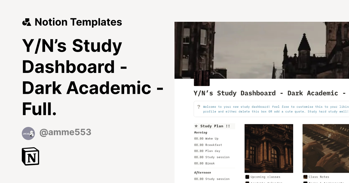 Y/N’s Study Dashboard - Dark Academic - Full. Template by Amme | Notion ...