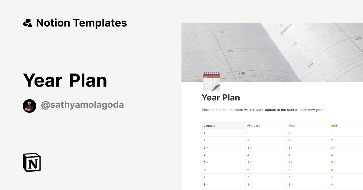 Year Plan Template by Sathya Molagoda | Notion Marketplace