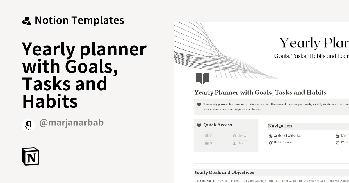 Yearly planner with Goals, Tasks and Habits Template by Marjan Arbab ...