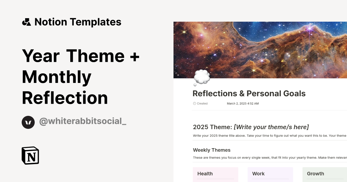 Year Theme + Monthly Reflection Template by White Rabbit Social | Notion Marketplace