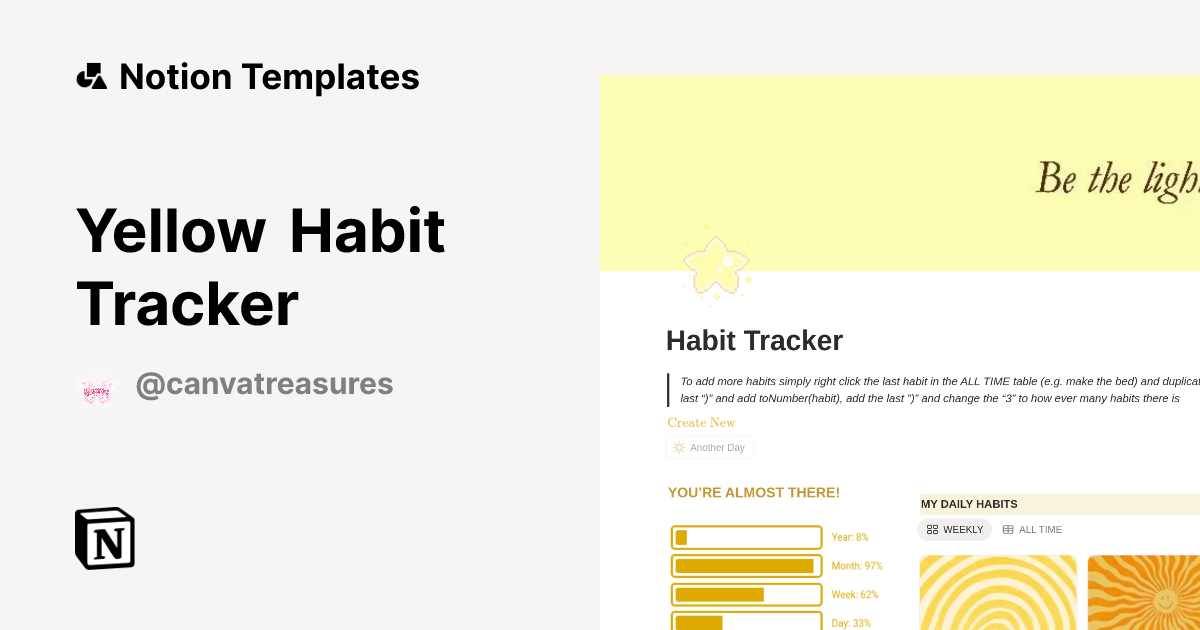 Yellow Habit Tracker Template by CanvaTreasures | Notion Marketplace
