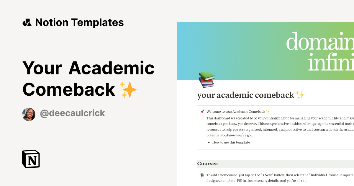 Your Academic Comeback Template by Dee Caulcrick | Notion Marketplace
