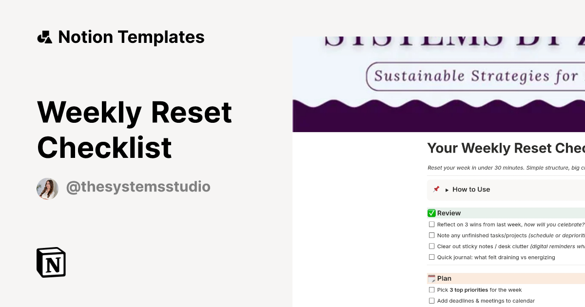 Weekly Reset Checklist Template | Notion Marketplace
