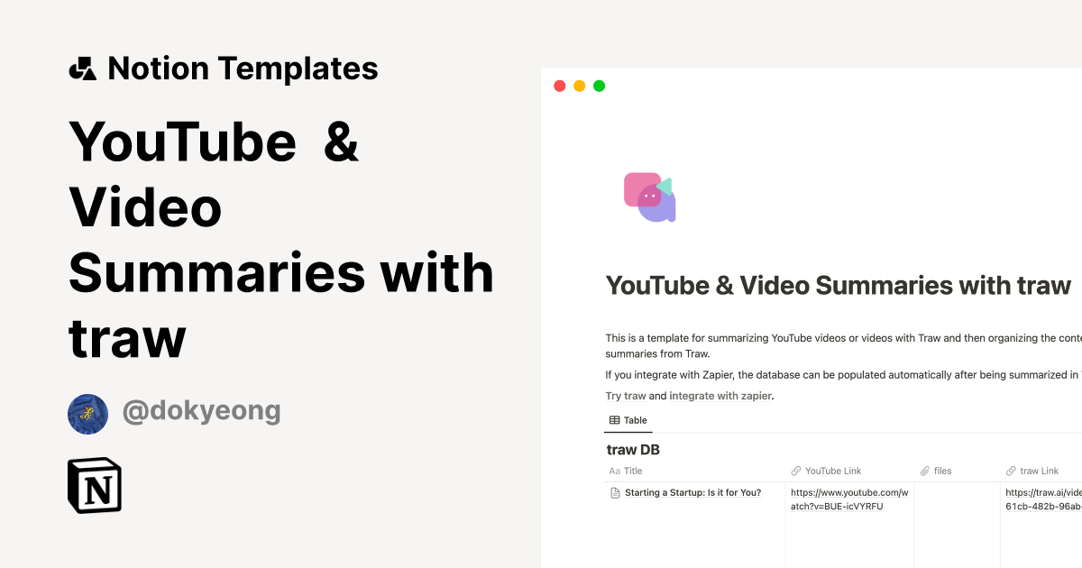 YouTube & Video Summaries with traw Template | Notion Marketplace