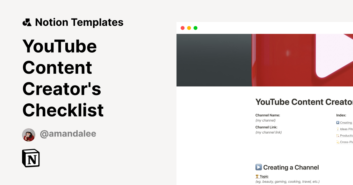 YouTube Content Creator's Checklist Template by Amanda Lee | Notion ...