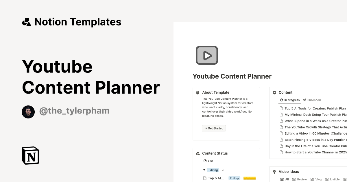 Youtube Content Planner Template by Tyler Pham | Notion Marketplace