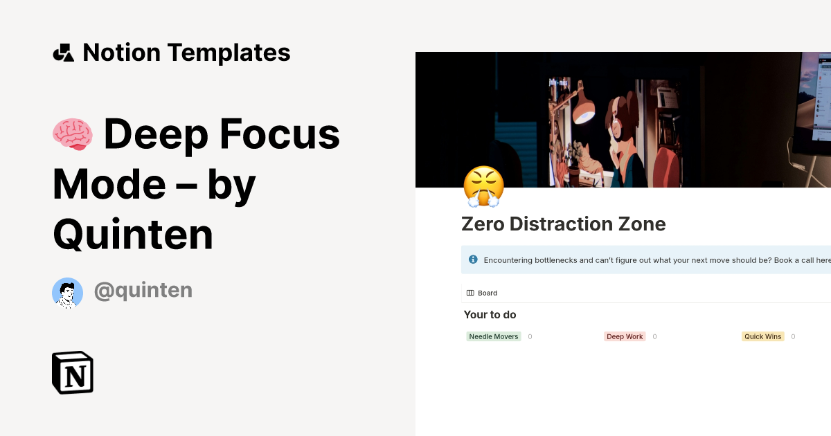🧠 Deep Focus Mode – by Quinten Template | Notion Marketplace