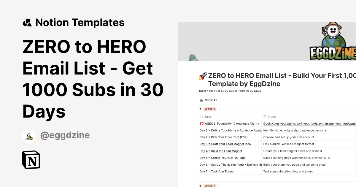 ZERO to HERO Email List - Get 1000 Subs in 30 Days Template | Notion ...