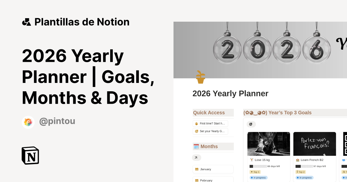 Plantilla 2026 Yearly Planner | Goals, Months & Days | Notion Marketplace