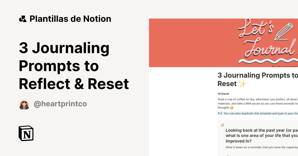 Plantilla 3 Journaling Prompts to Reflect & Reset | Notion Marketplace