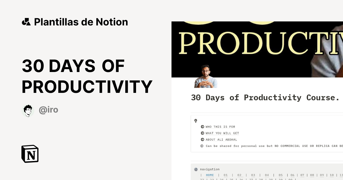 Plantilla 30 DAYS OF PRODUCTIVITY de Iro Templates | Notion Marketplace