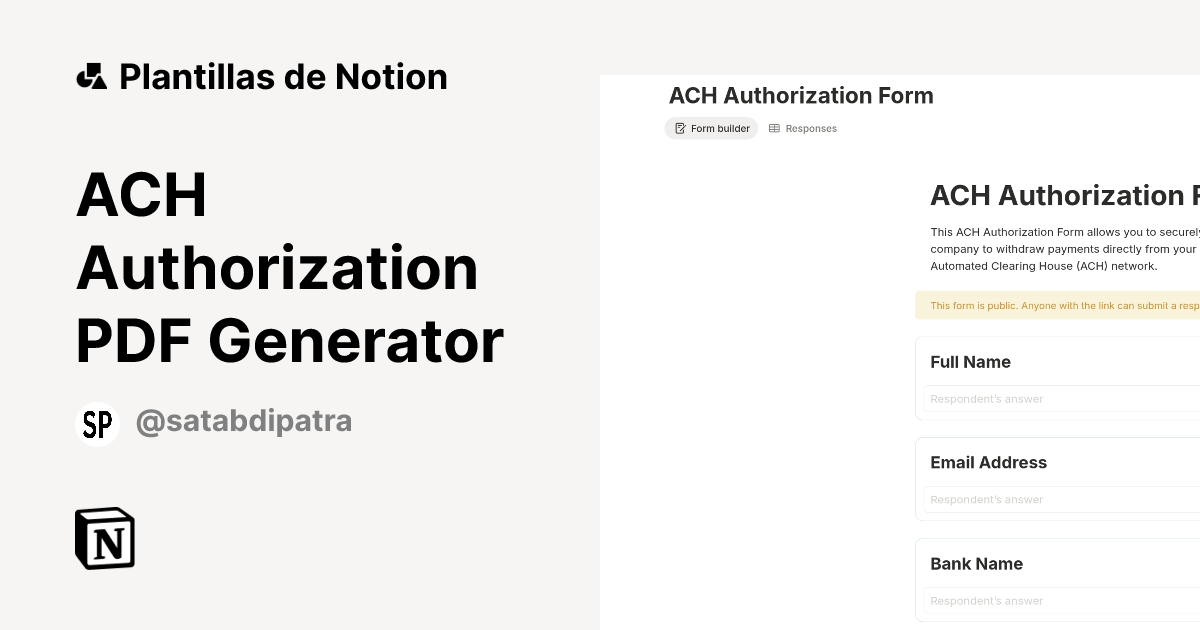 Plantilla ACH Authorization PDF Generator | Notion Marketplace