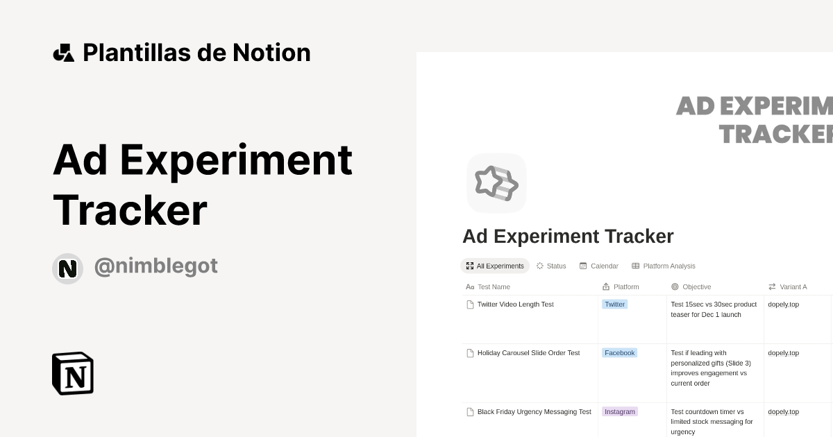 Plantilla Ad Experiment Tracker de NimbleGot | Notion Marketplace