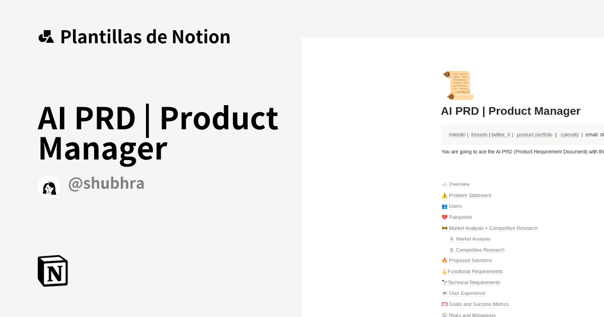 Plantilla AI PRD | Product Manager de Shubhra Singh | Notion Marketplace
