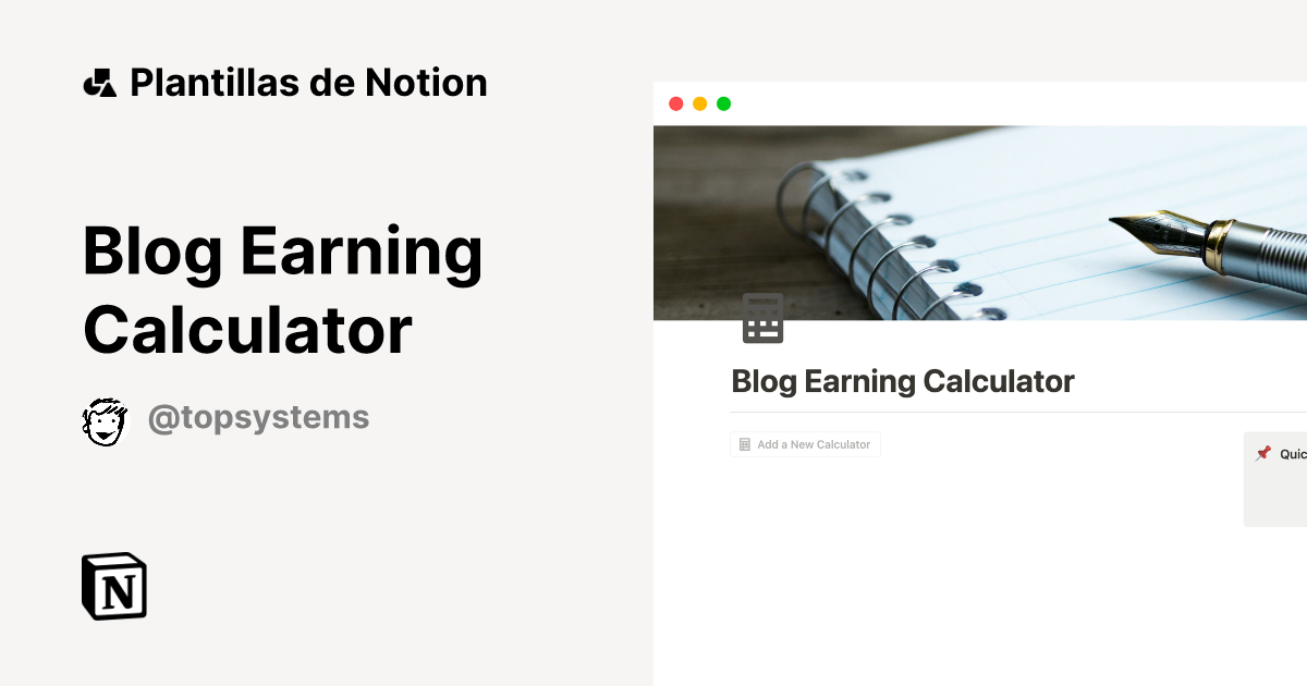 Plantilla Blog Earning Calculator | Notion Marketplace