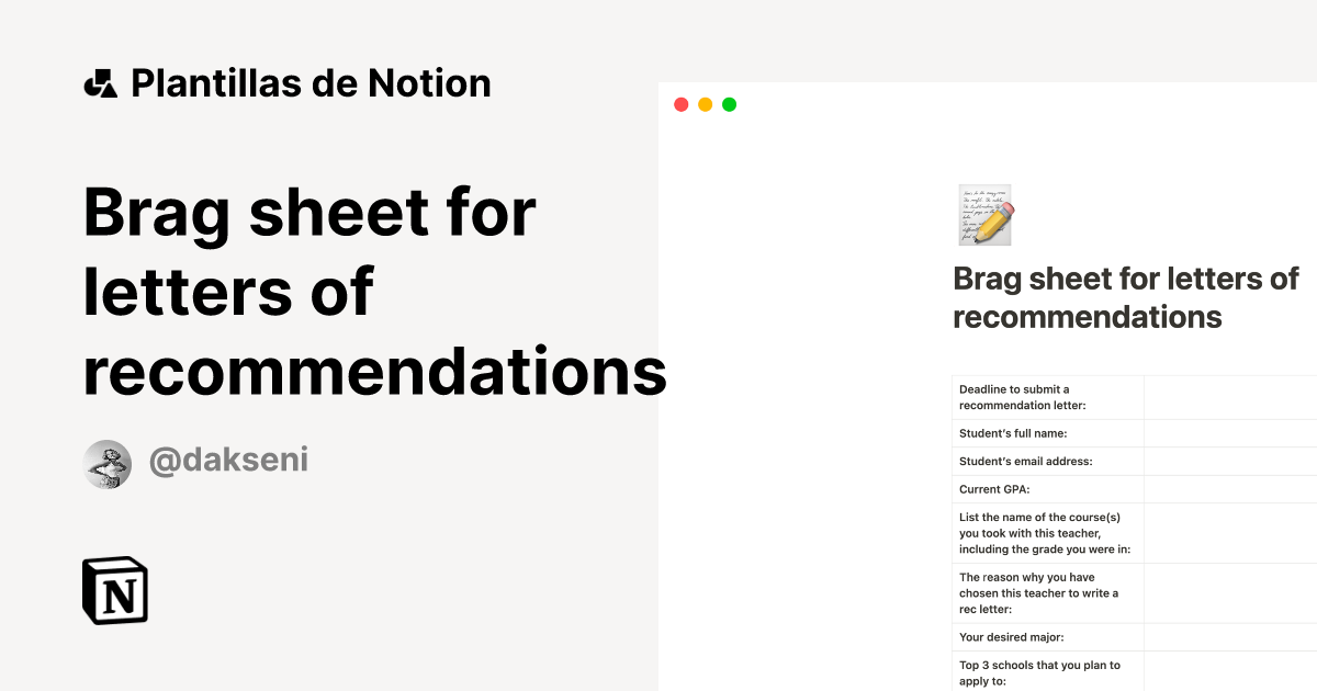 Plantilla Brag sheet for letters of recommendations | Notion Marketplace