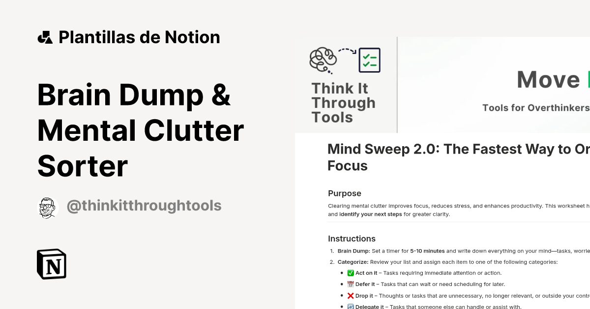 Plantilla Brain Dump & Mental Clutter Sorter de Think It Through Tools | Notion Marketplace