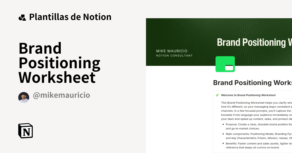 Plantilla Brand Positioning Worksheet de Mike Mauricio | Notion Marketplace