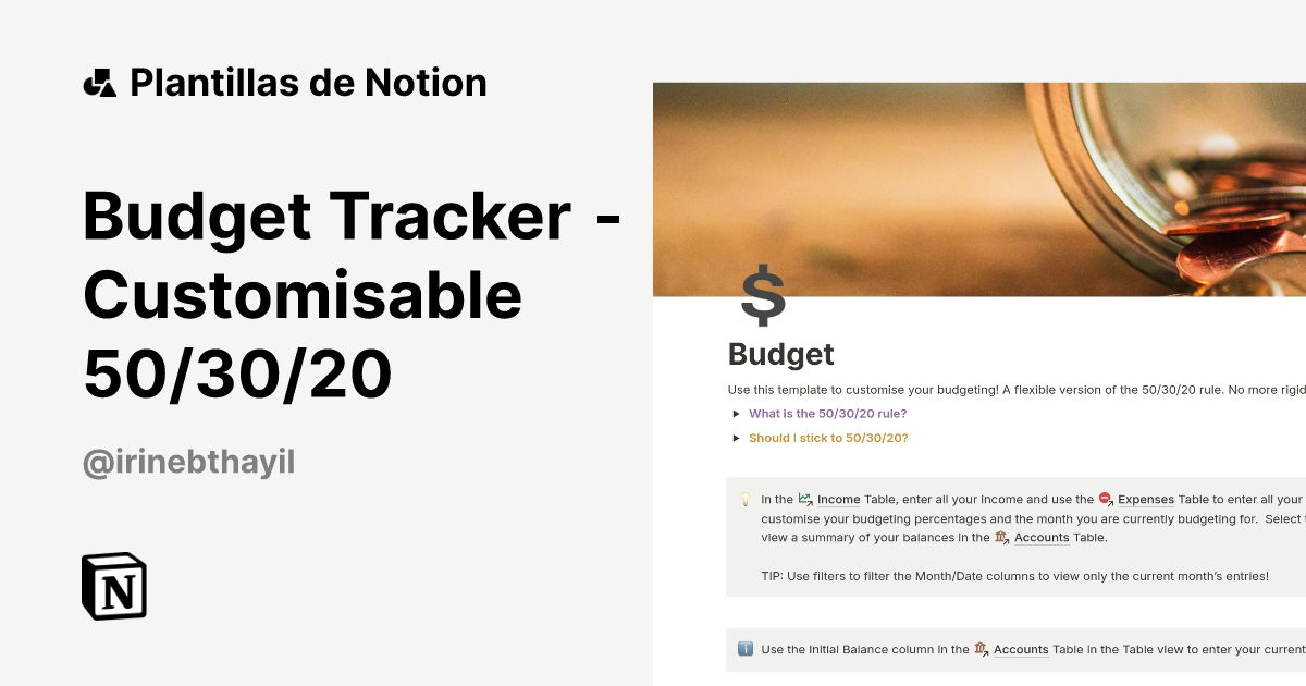 Plantilla Budget Tracker - Customisable 50/30/20 | Notion Marketplace