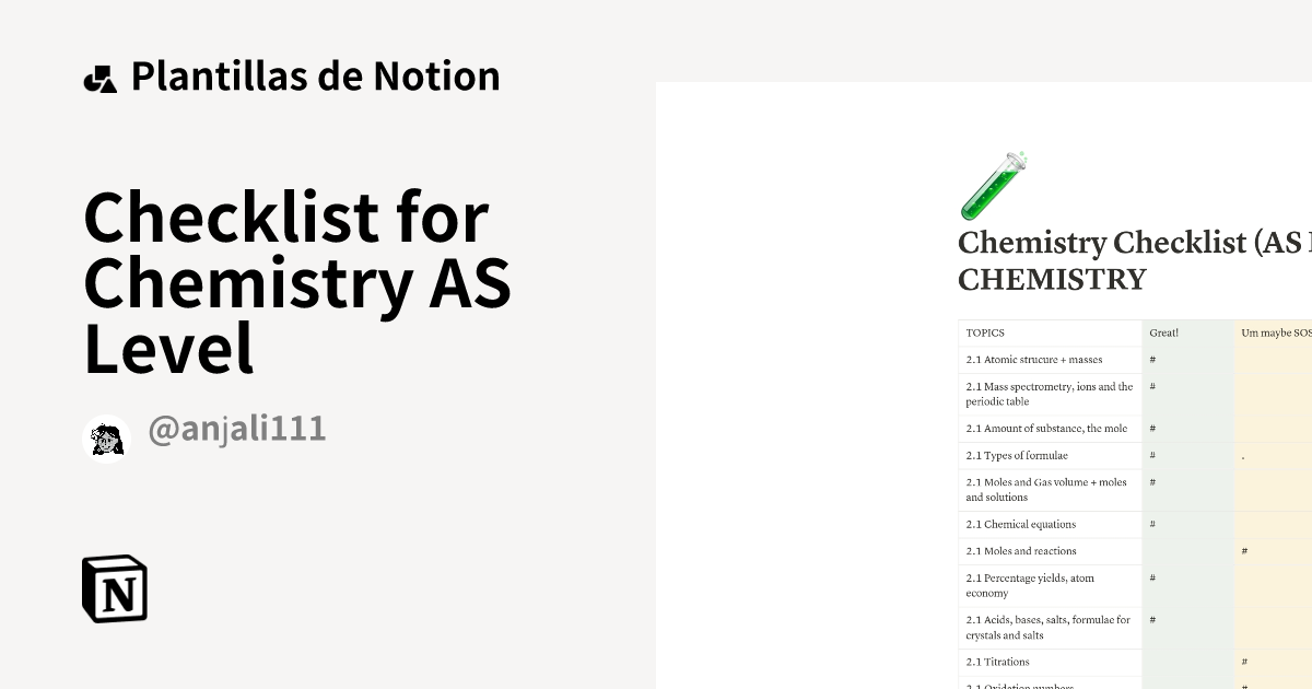 Plantilla Checklist for Chemistry AS Level | Notion Marketplace