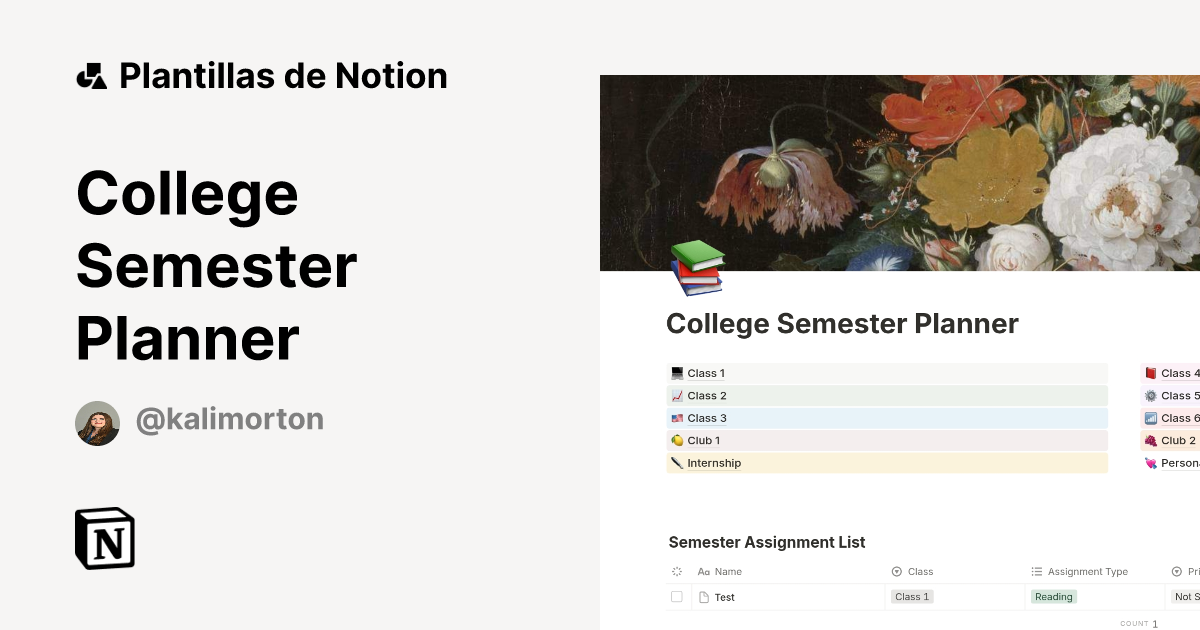 Plantilla College Semester Planner de Kali M. | Notion Marketplace