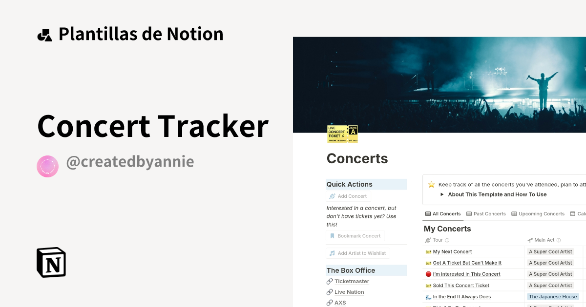 Plantilla Concert Tracker de Created By Annie | Notion Marketplace