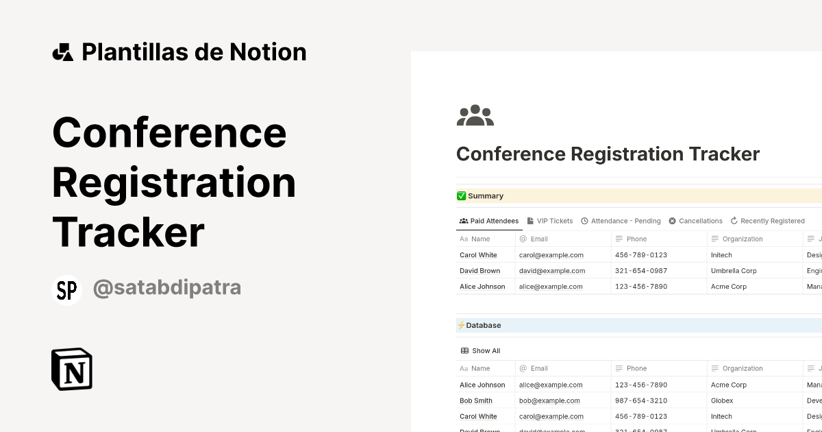 Plantilla Conference Registration Tracker | Notion Marketplace