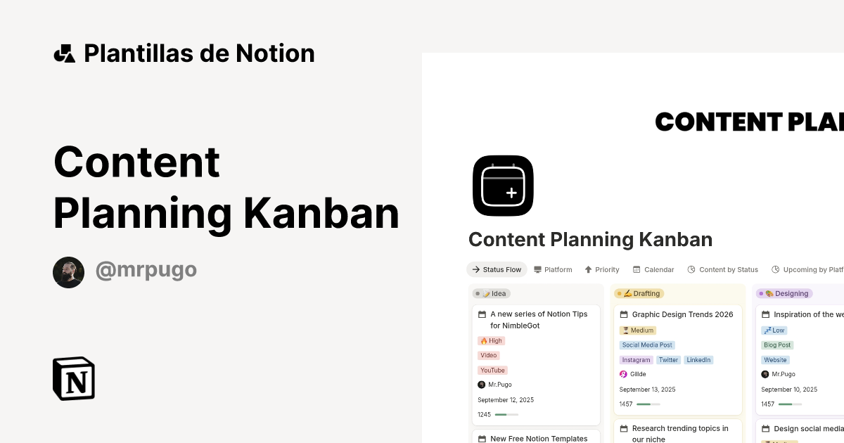 Plantilla Content Planning Kanban de mrpugo | Notion Marketplace