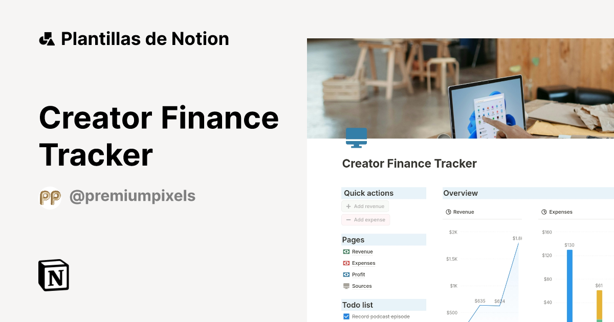 Plantilla Creator Finance Tracker de Premium Pixels | Notion Marketplace