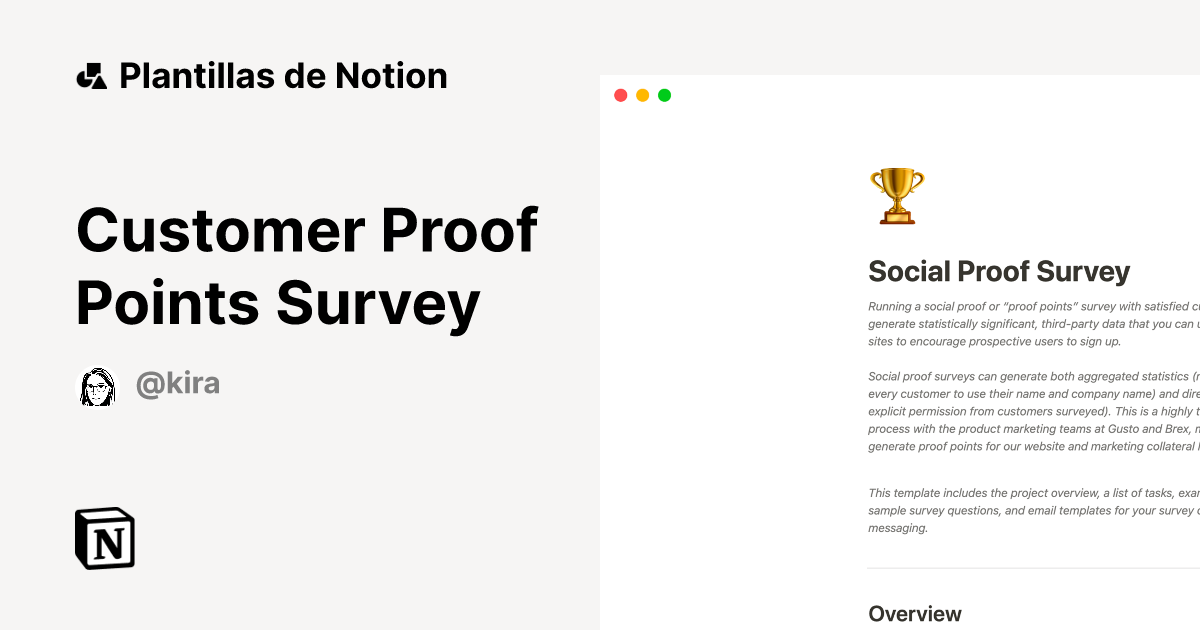 Plantilla Customer Proof Points Survey de Kira Klaas | Notion Marketplace