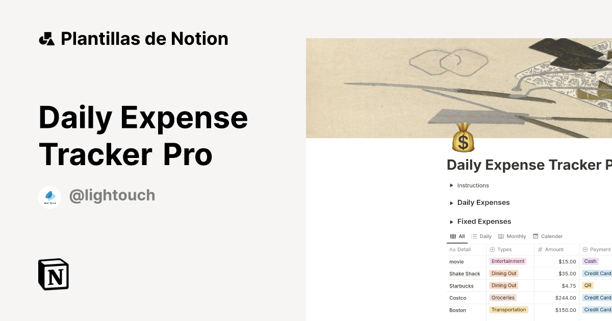 Plantilla Daily Expense Tracker Pro de LIGHTOUCH | Notion Marketplace