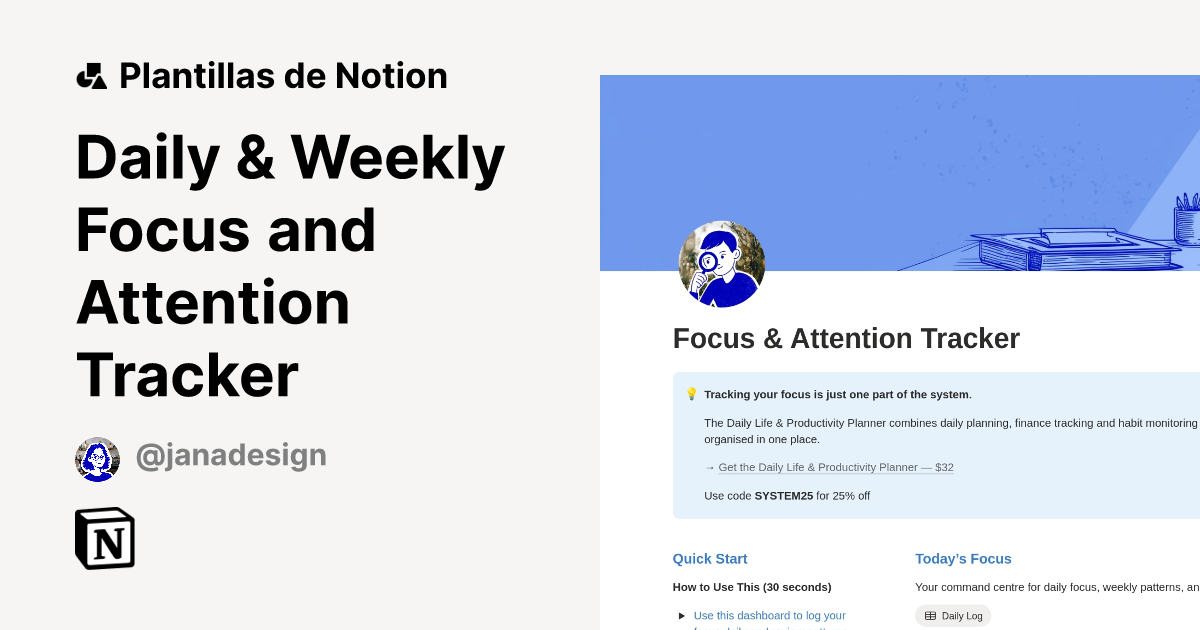 Plantilla Daily & Weekly Focus and Attention Tracker de Jana Ballieul ...