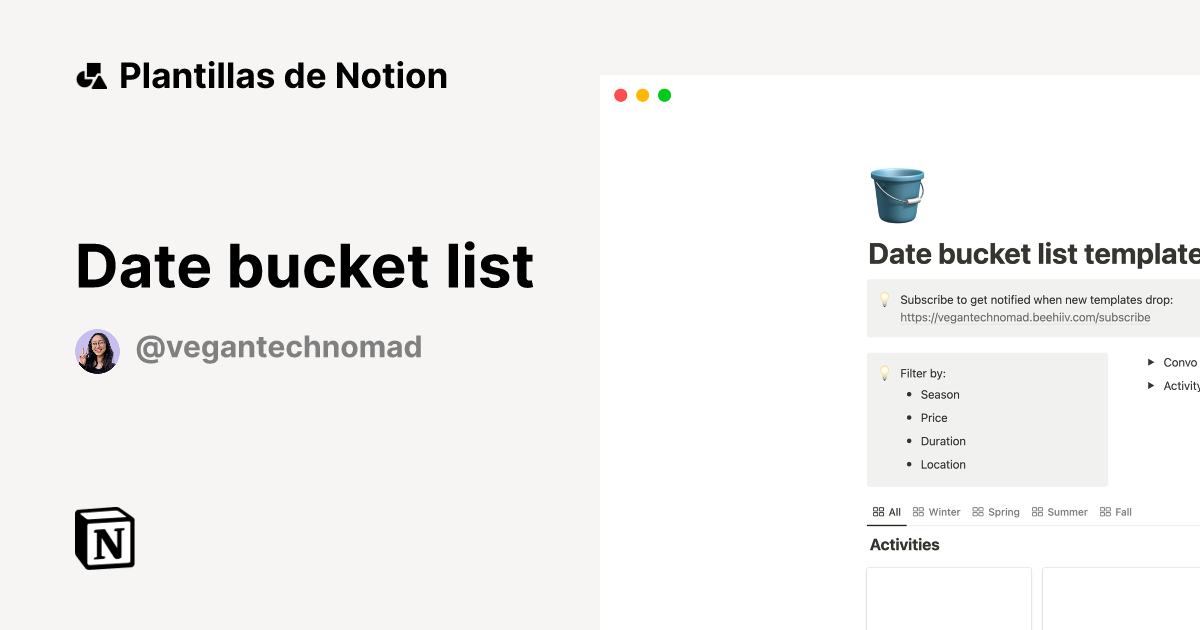 Plantilla Date bucket list de Jennifer | Vegan Tech Nomad | Notion ...