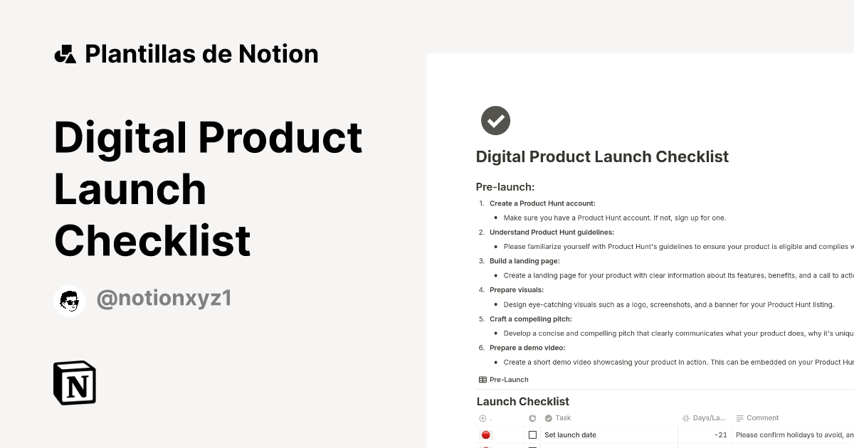 Plantilla Digital Product Launch Checklist de Notionxyz | Notion Marketplace