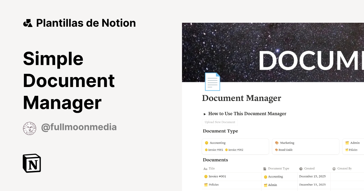 Plantilla Simple Document Manager de Full Moon Media | Notion Marketplace