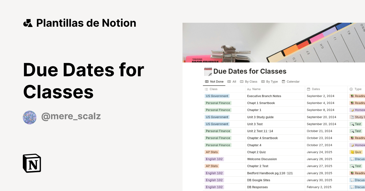 Plantilla Due Dates for Classes | Notion Marketplace