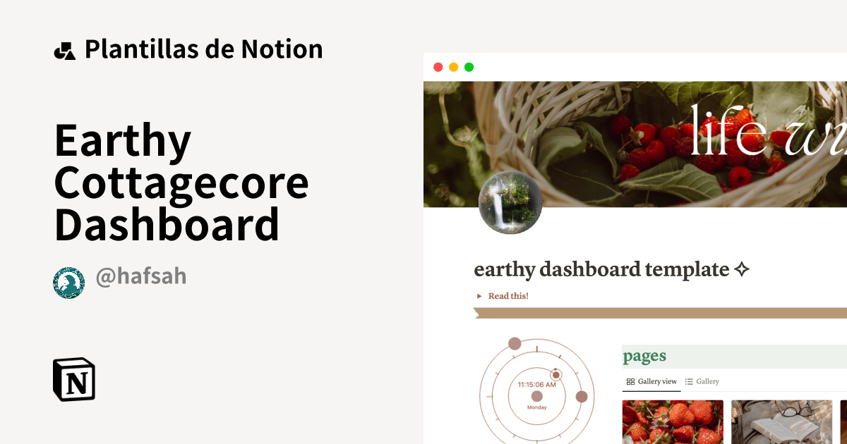 Plantilla Earthy Cottagecore Dashboard de Hafsah I | Notion Marketplace