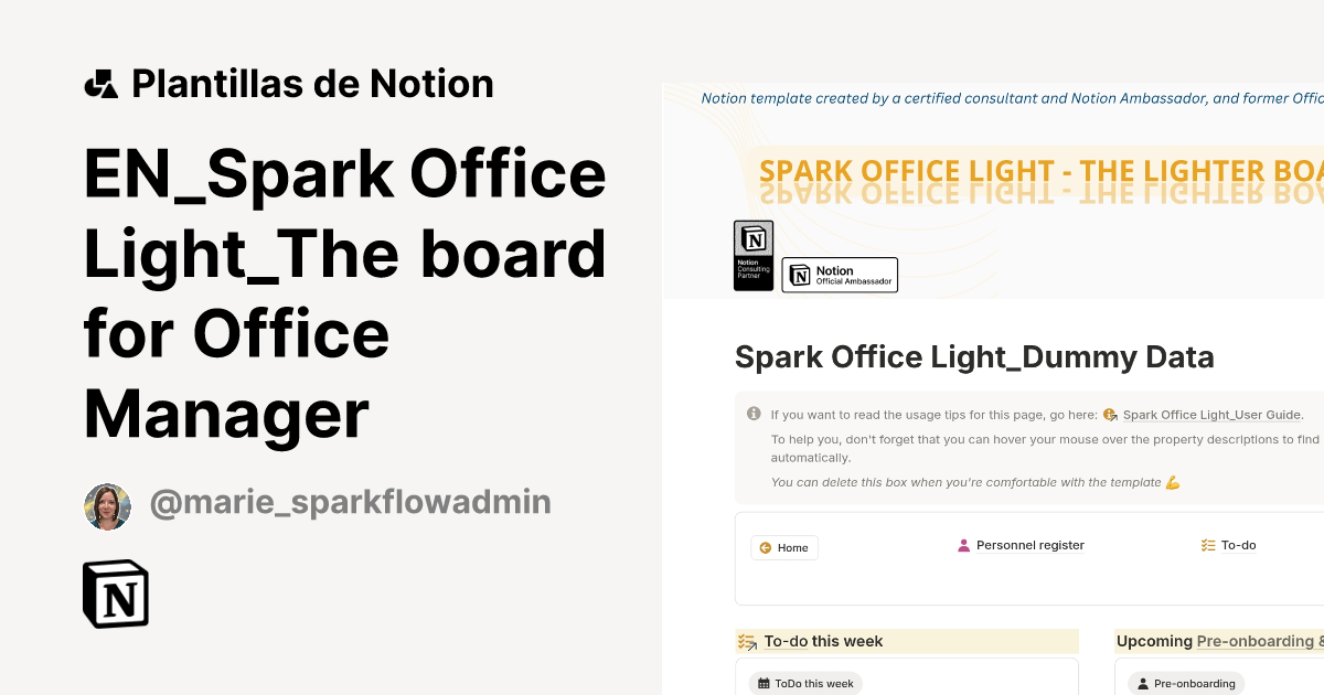 Plantilla EN_Spark Office Light_The board for Office Manager de Marie_Spark Flow Admin | Notion ...