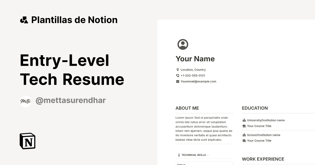 Plantilla Entry-Level Tech Resume de Metta's Creations | Notion Marketplace