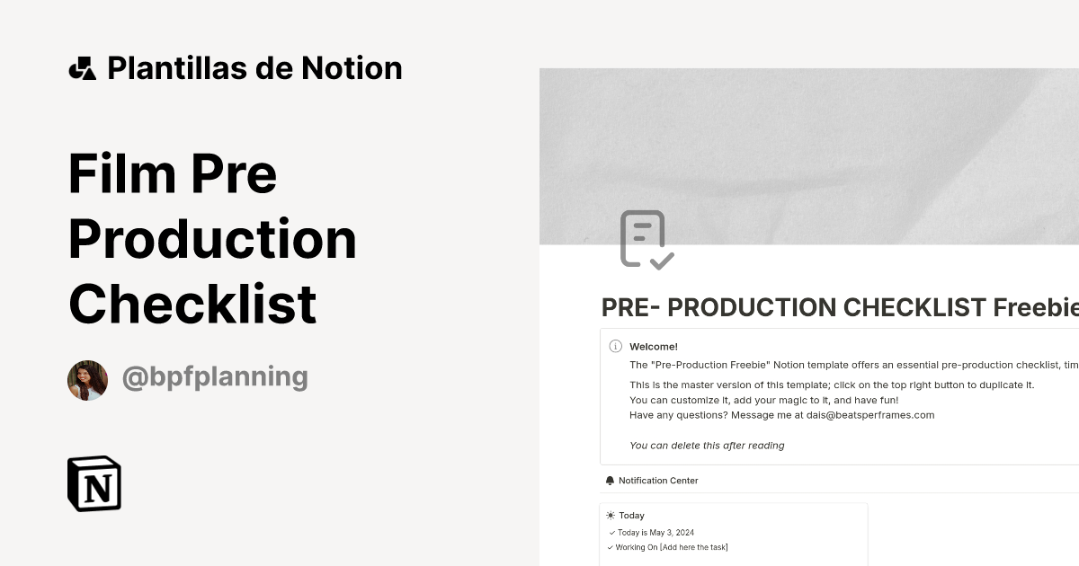 Plantilla Film Pre Production Checklist | Notion Marketplace