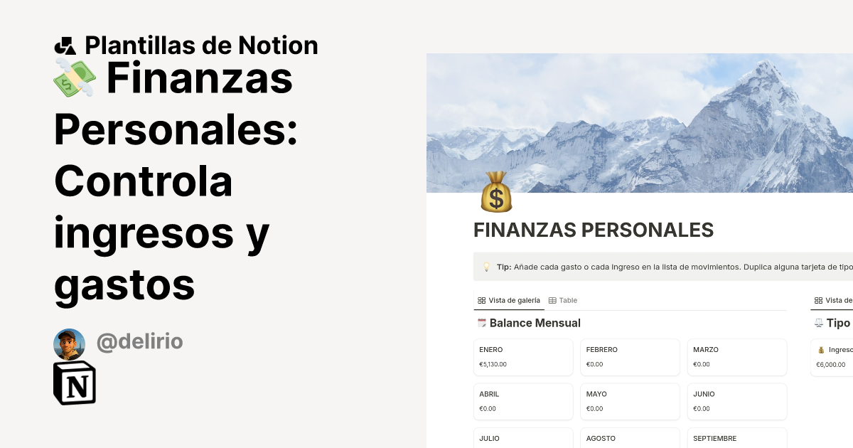 Plantilla 💸 Finanzas Personales: Controla ingresos y gastos de Delirio | Notion Marketplace